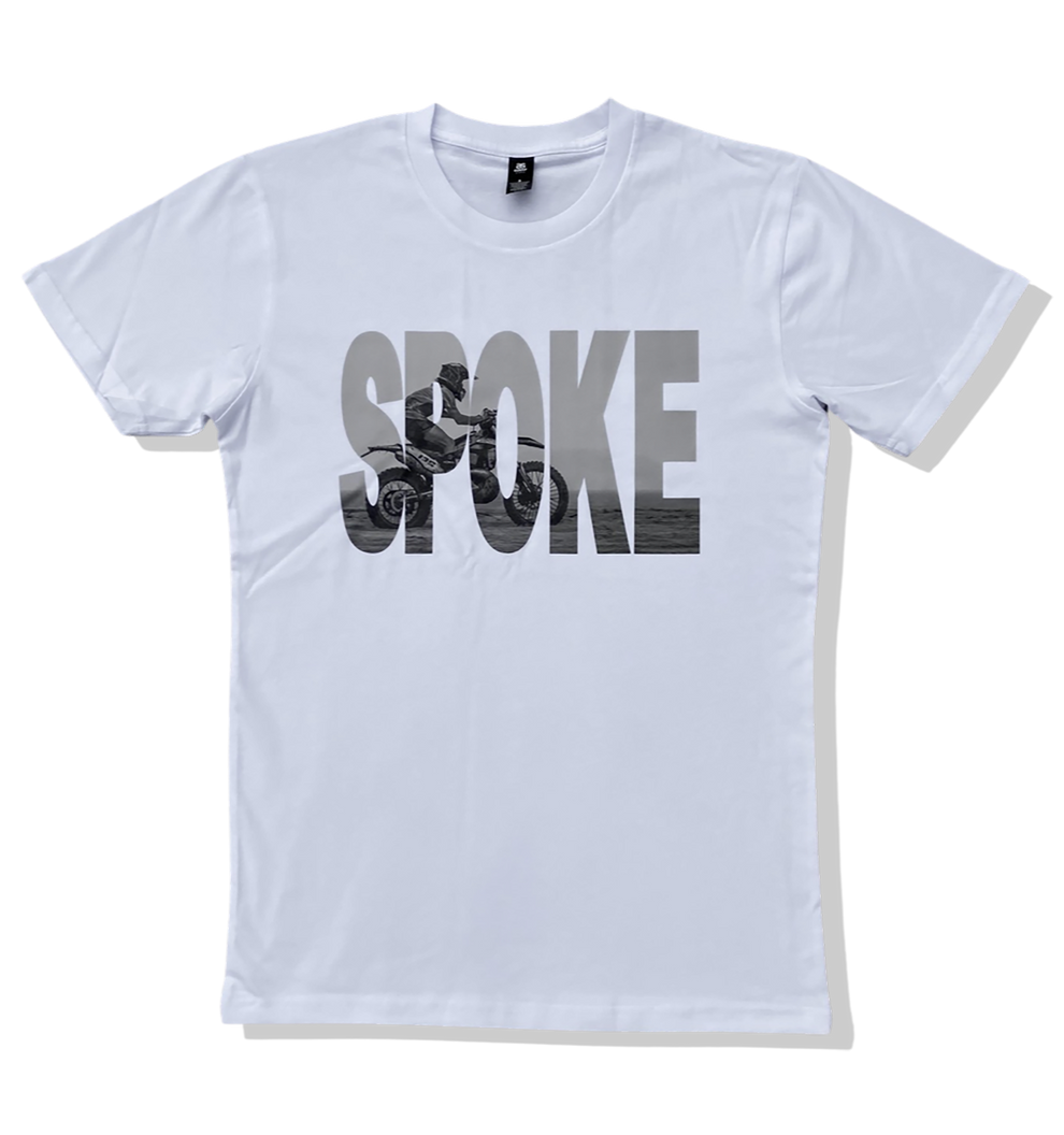 Spoke Motorcycle Festival White T-Shirt - Beach in SPOKE text